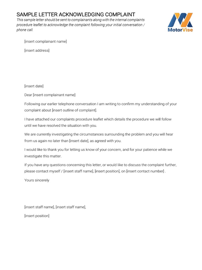 Sample Letter Acknowledging Complaint | PDF