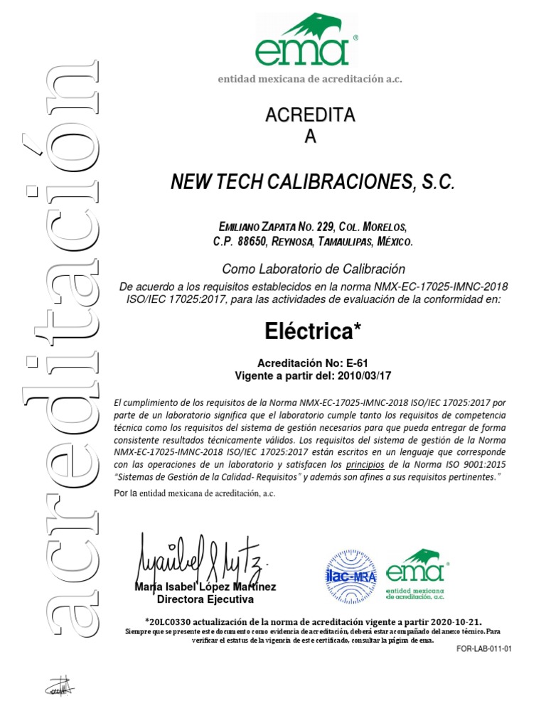 Ema Acreditacion E-61 de New Tech 20lc0330 - e - D Vigente A Partir de ...