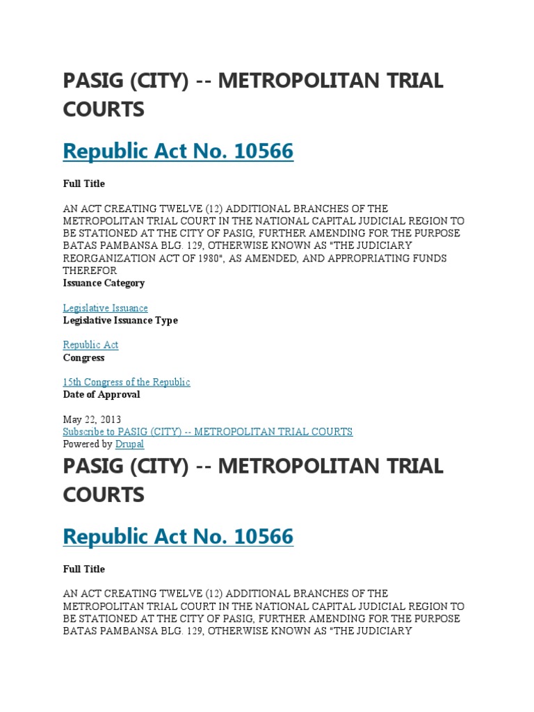 Pasig (City) - Metropolitan Trial Courts: Republic Act No. 10566 | PDF | Judiciaries | United ...