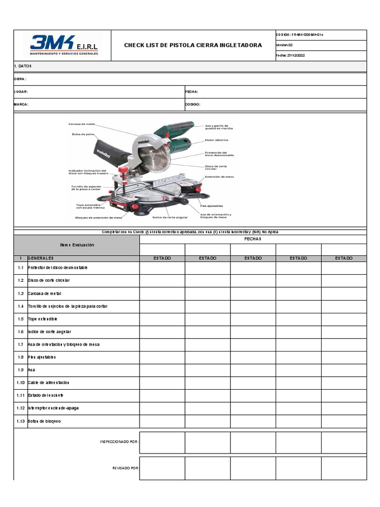 FR-MK-SSOMA-014 CHECK LIST DE PISTOLA CIERRA INGLETADORA | PDF