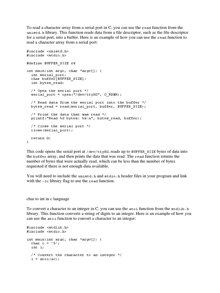 To Read A Character Array From A Serial Port in C | PDF