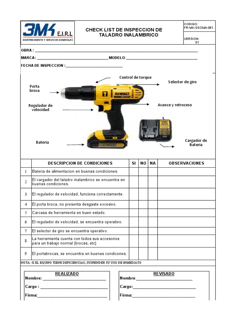 FR-MK-SSOMA-061 Check List de Inspección de Taladro Inalambrico | PDF