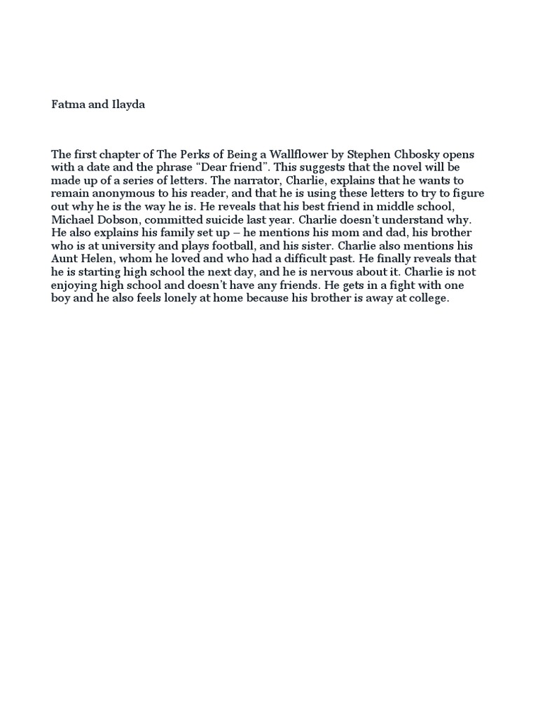 The First Chapter of The Perks of Being A Wallflower by Stephen Chbosky ...