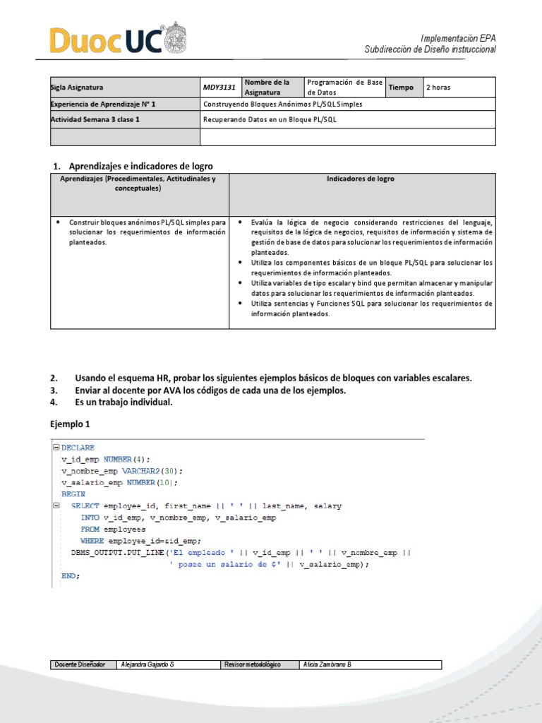 Taller Semana 3 Clase 1 Ejemplos Bloque PLSQL | PDF | Pl / Sql | Desarrollo de software