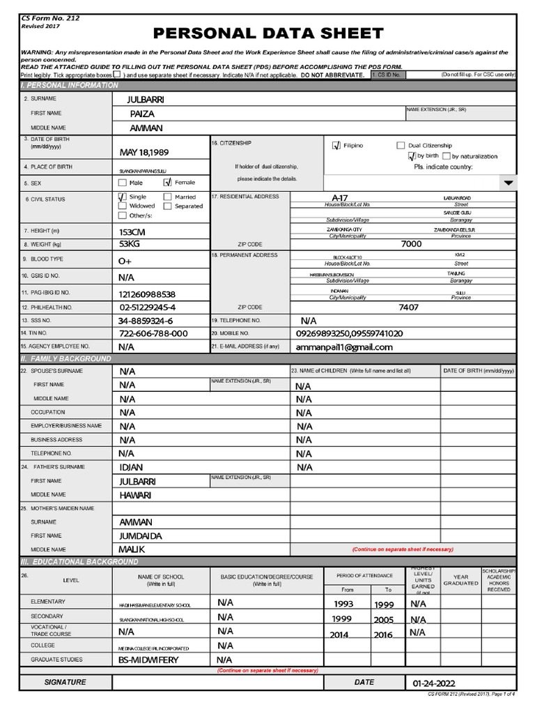 PDS CS Form No 212 Revised2017 | PDF