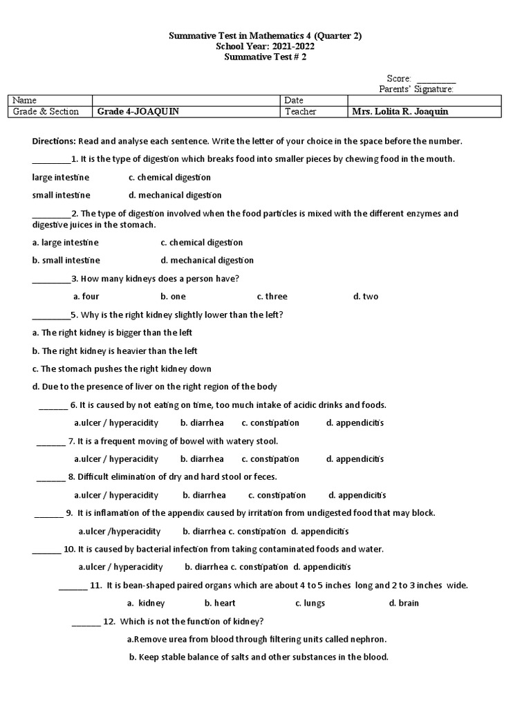 SCIENCE 4 Q2 Quiz | PDF | Digestion | Diarrhea