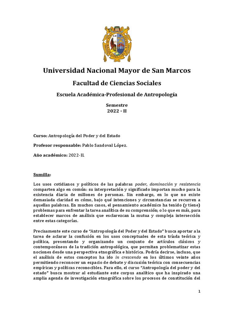 Sílabo Antropología Del Poder Y Del Estado 2022 Ii Set Unmsm Descargar Gratis Pdf Estado 