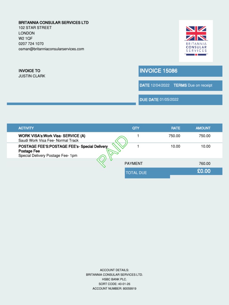 Invoice 15086 From Britannia Consular Services LTD | PDF