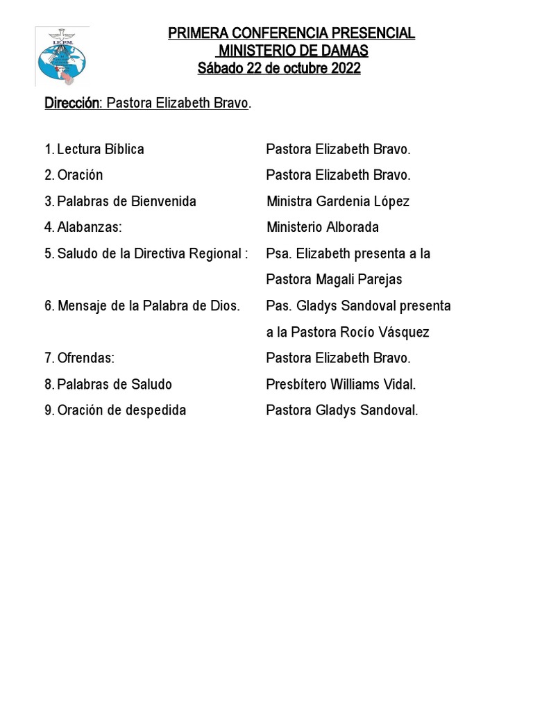 PROGRAMA DE CULTO DAMAS 22 Octubre 2022 | PDF