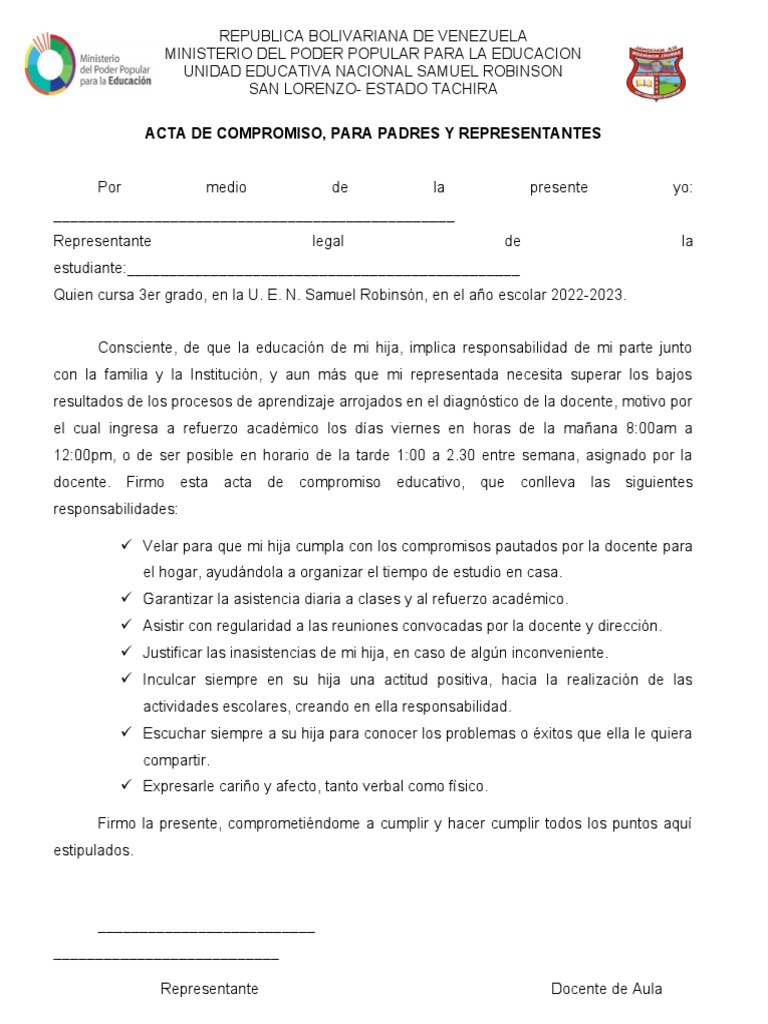 Acta de Compromiso Representante | PDF