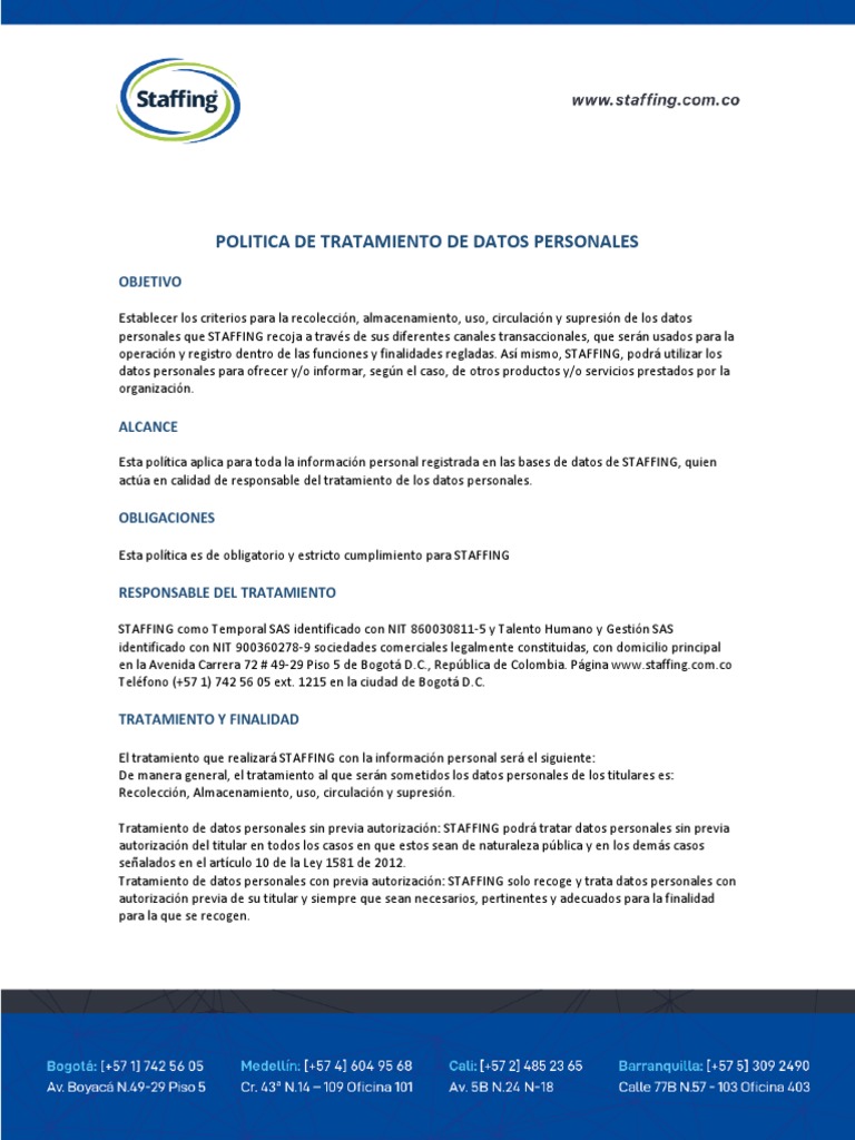 Politica de Tratamiento de Datos Personales | PDF | Privacidad de la ...