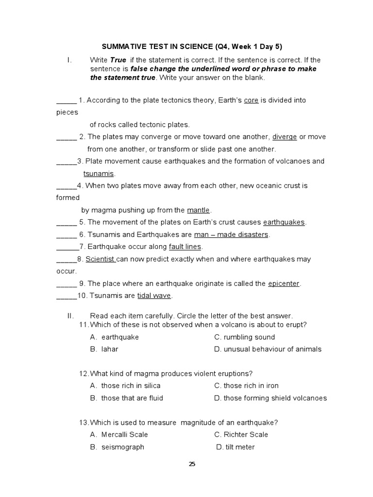Week 1 Day 5 Summative Test in Science q4 w1 | PDF | Earthquakes | Volcano