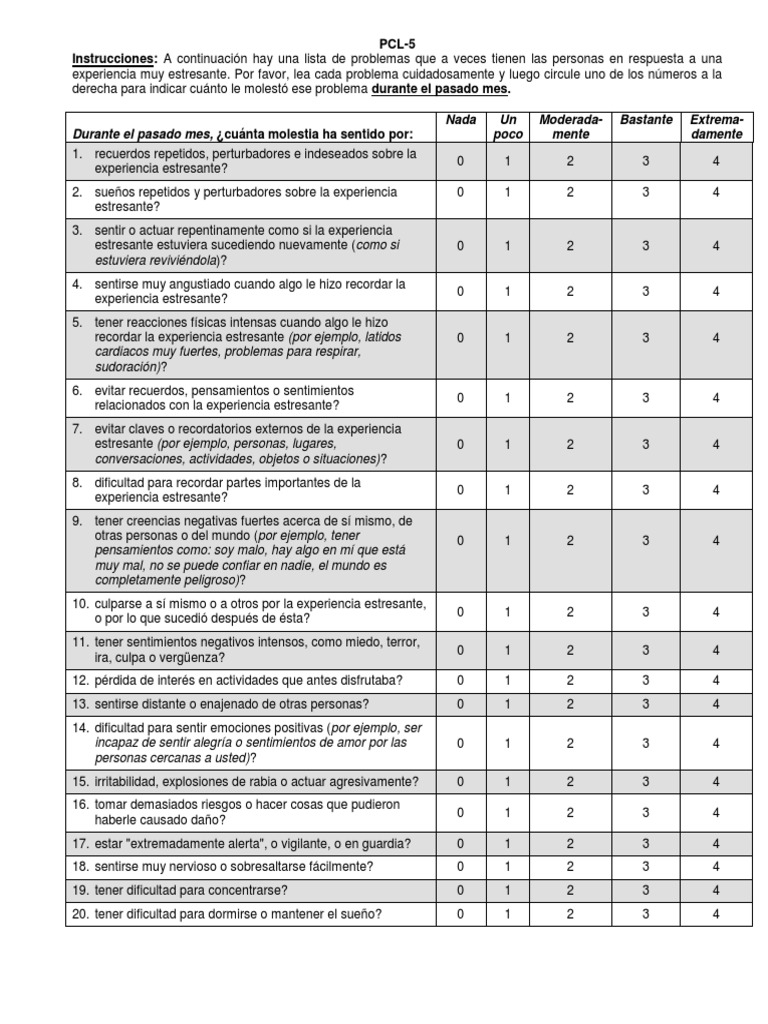 PCL 5 Spanish Version | PDF | Ira | Experiencia subjetiva