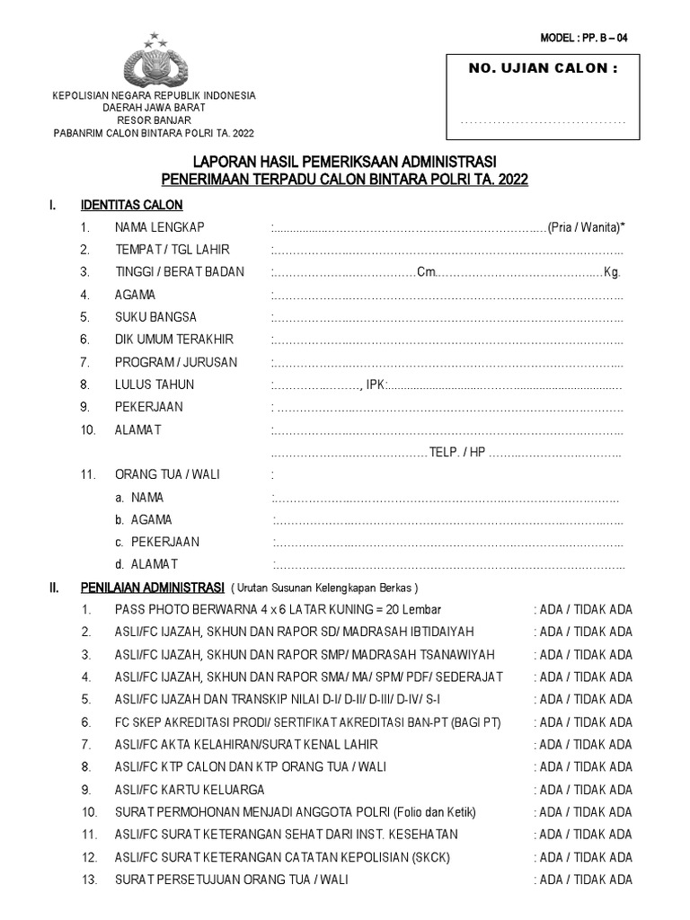 Blanko Laporan Hasil Rikmin Bintara Polri 2022 Fix Pdf