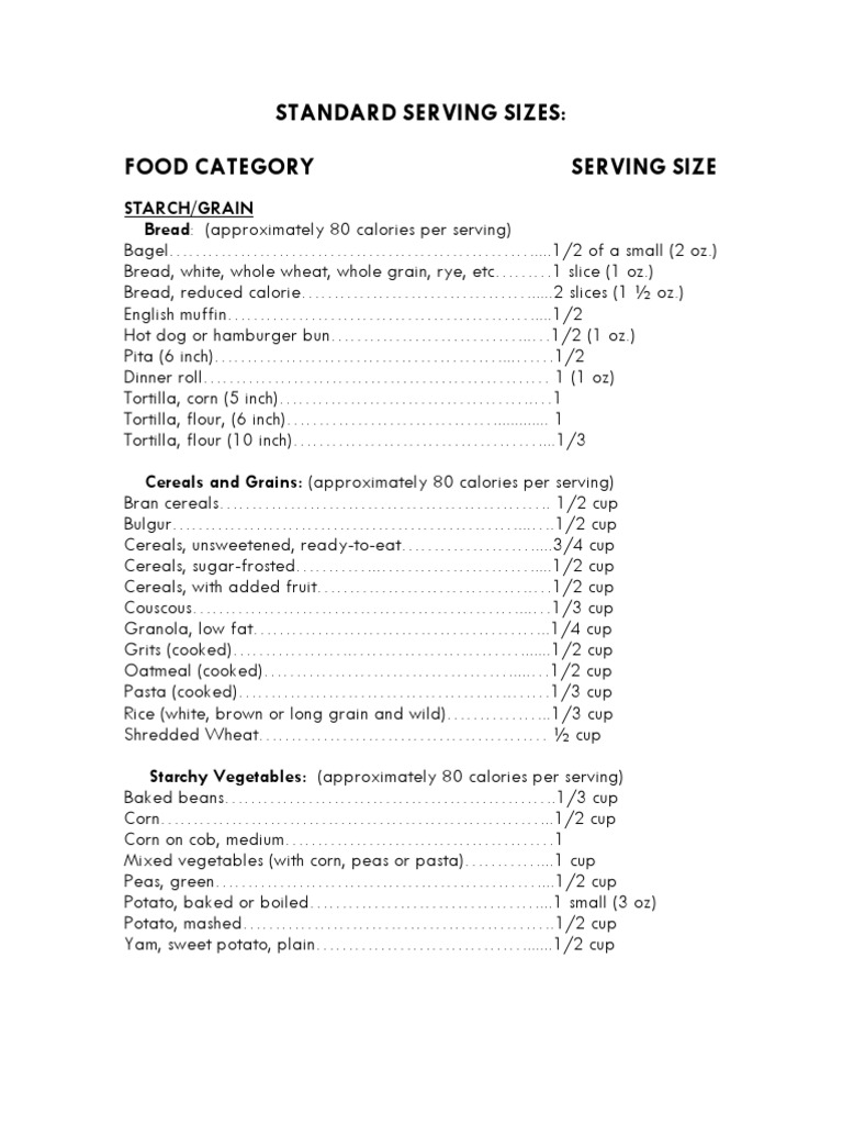 STANDARD SERVING SIZES: FOOD CATEGORIES AND CALORIE COUNTS | PDF ...