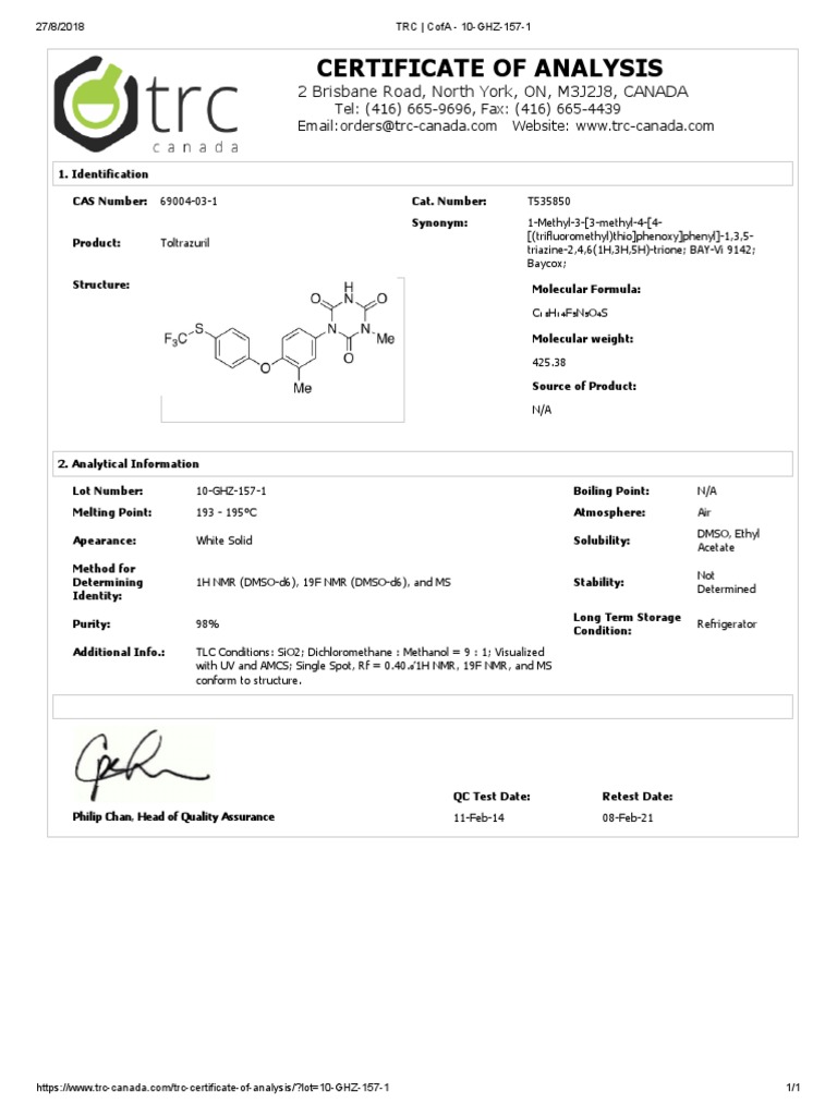 Toltrazuril Coa 3 | PDF | Applied And Interdisciplinary Physics | Chemical Substances