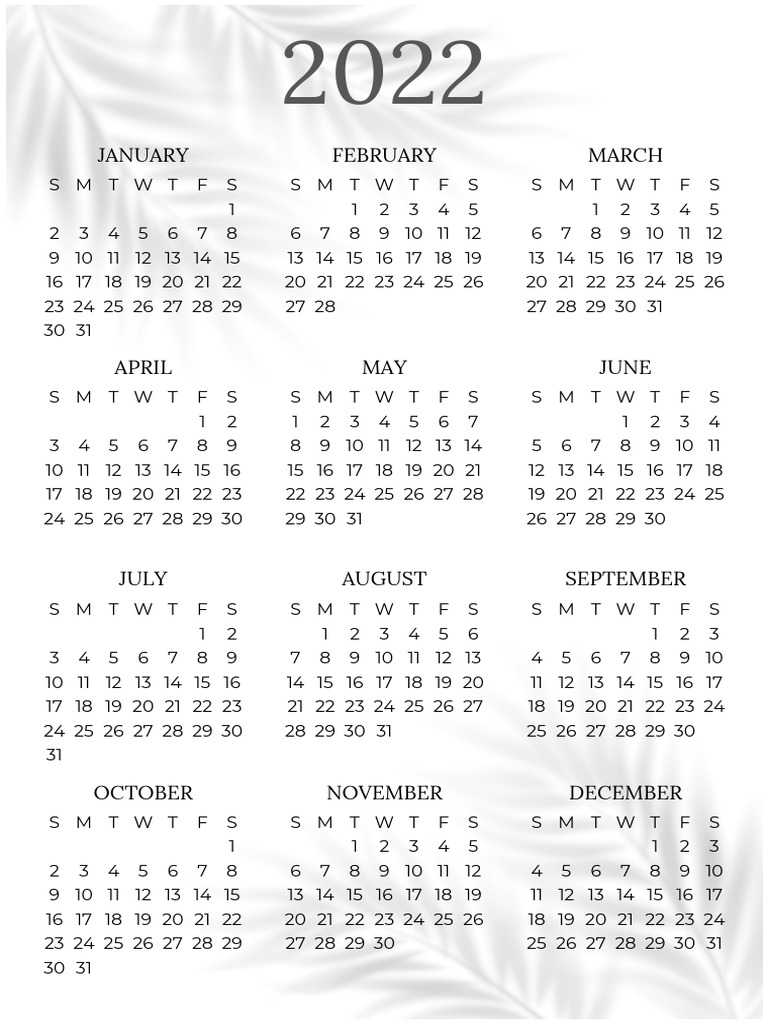 A Yearly Calendar Displaying Months from January through December 2022 ...