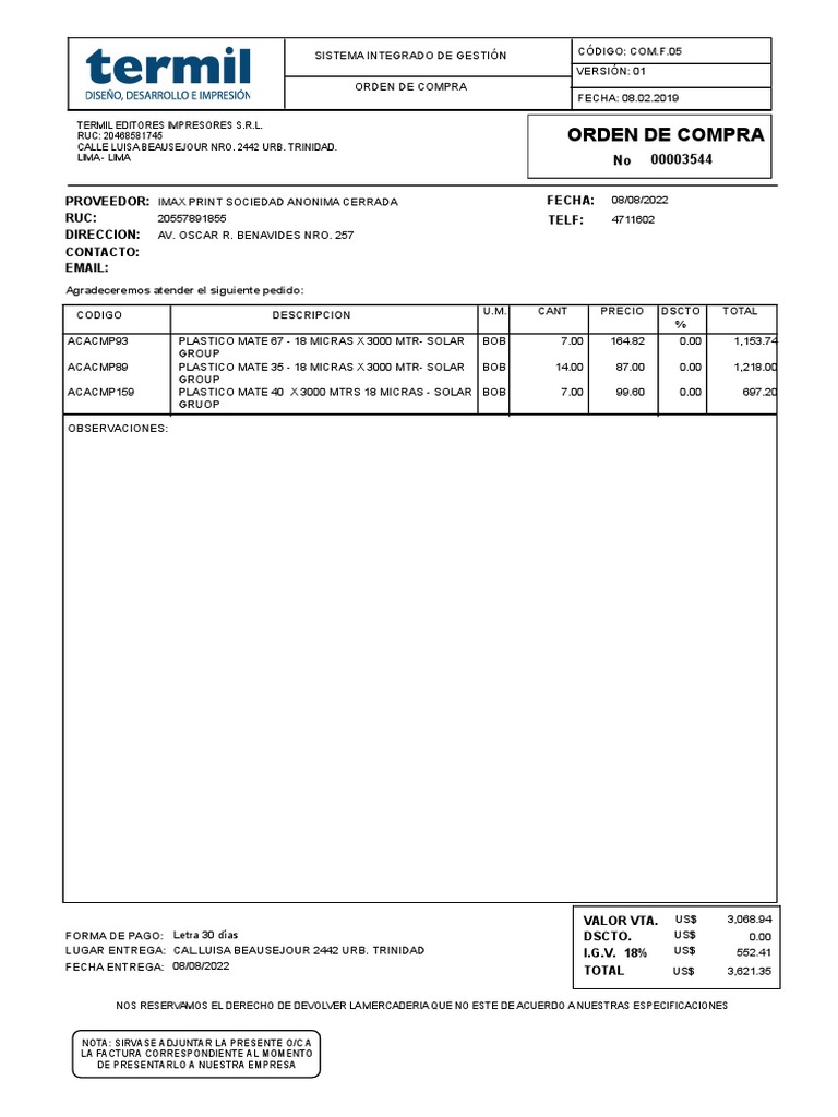 Modelo Orden de Compra A4 | PDF