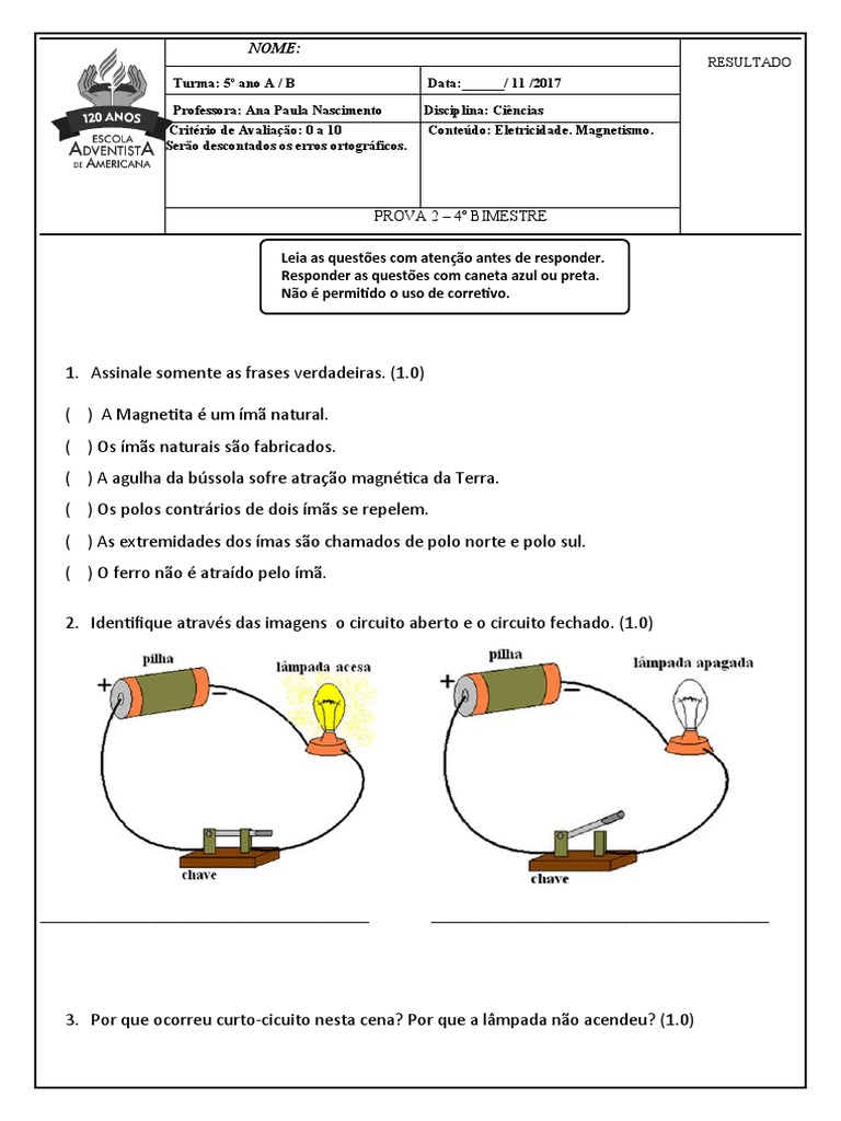 Prova de Ciências sobre Eletricidade e Magnetismo do 5o ano A/B | PDF | Ímã | Magnetismo