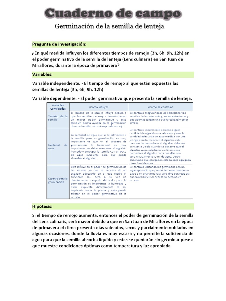 Germinación de Lentejas: Tiempo de Remojo | PDF | Germinación | Semilla
