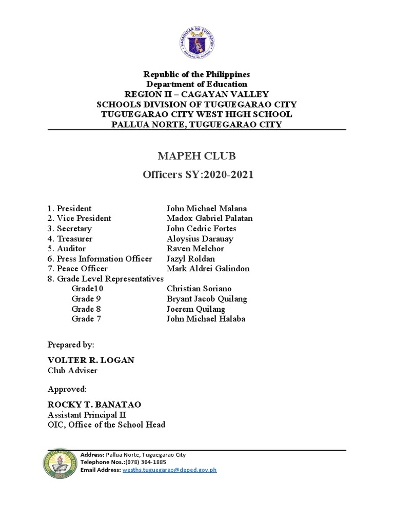 MAPEH Club Officers 2020-2021 | PDF