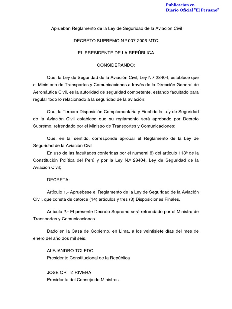 Reglamento Ley Seguridad de La Aviacion Civil | PDF | Aeropuerto | Aviación