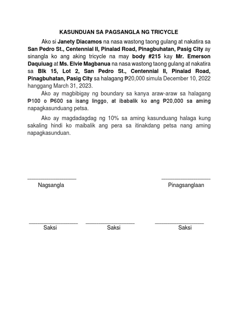 Kasunduan Sa Tricyle New | PDF