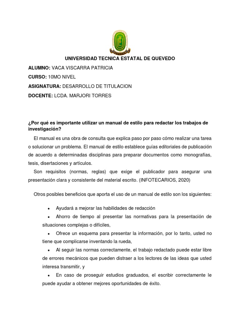 Deber Desarrollo Vaca Patricia | PDF | Bibliografía | Citación