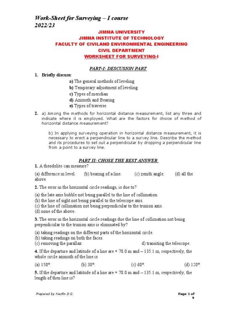 Work-Sheet For Surveying - I | PDF | Surveying | Metrology