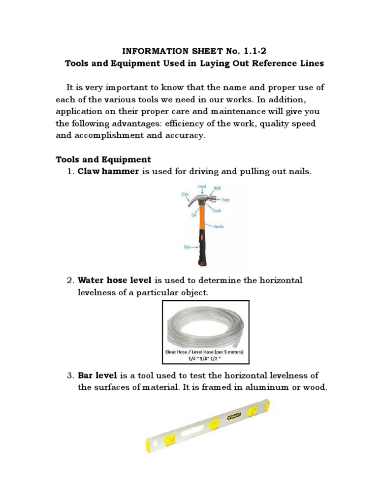 Tools and Equipment Used in Laying Out Reference Lines | PDF | Home ...