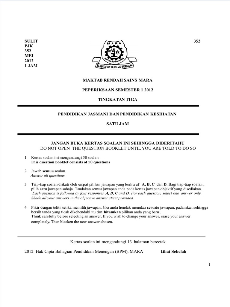 Soalan Peperiksaan PJPK 2013 | PDF