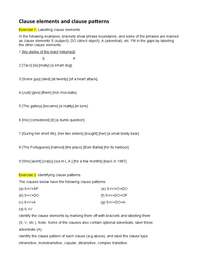 Clause Elements and Patterns Explained | PDF | Verb | Linguistics