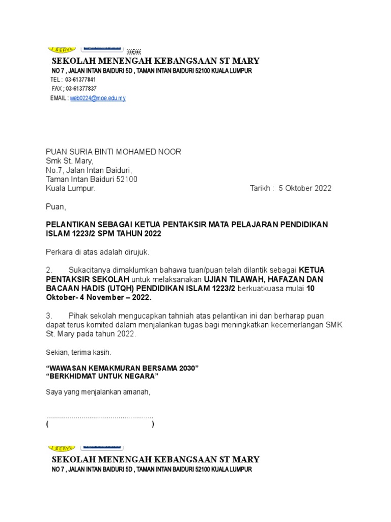 Surat Lantikan Pentaksir UTQH 2022 | PDF