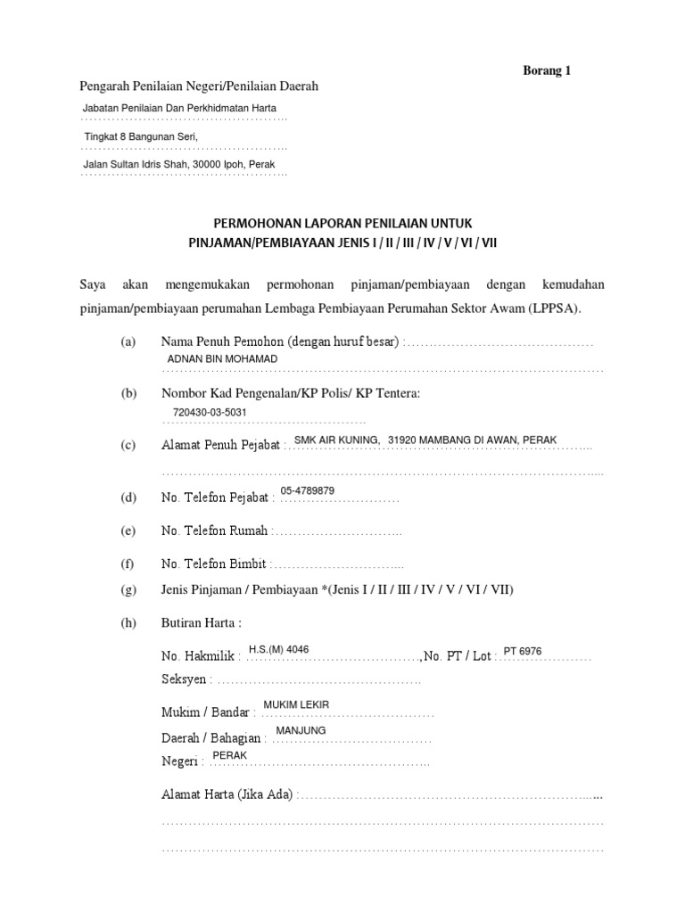 Borang 1 Borang Permohonan Laporan Penilaian PDF | PDF
