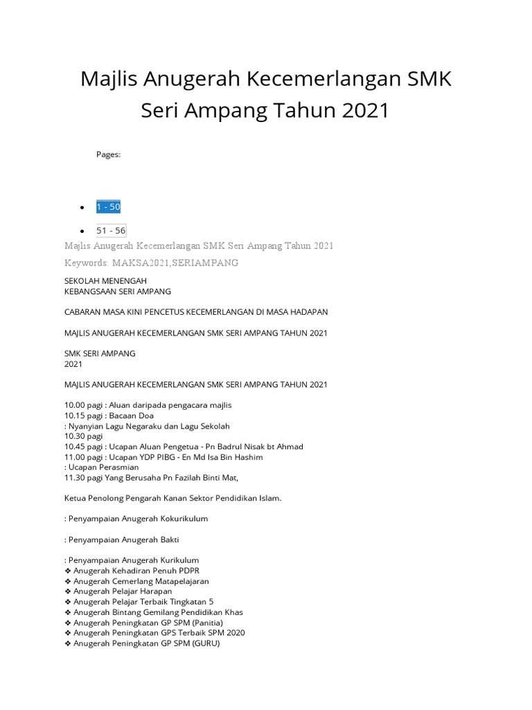 Majlis Anugerah Kecemerlangan SMK Seri Ampang Tahun 2021 | PDF