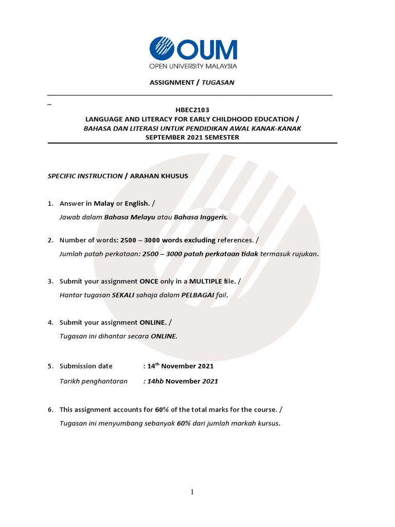 Assignment / Tugasan HBEC2103 Language and Literacy For Early Childhood Education / September ...
