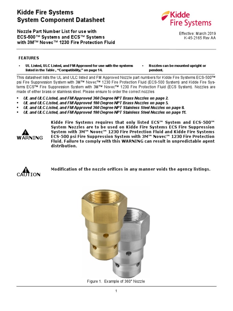 Kidde ECS and ECS-500 Part Number List For Nozzle Used With Novec 1230 ...
