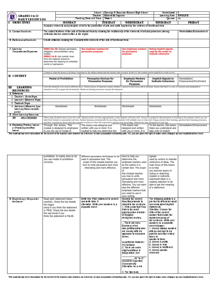 Grade 8 English Daily Lesson Plan | PDF | Learning | Cognition
