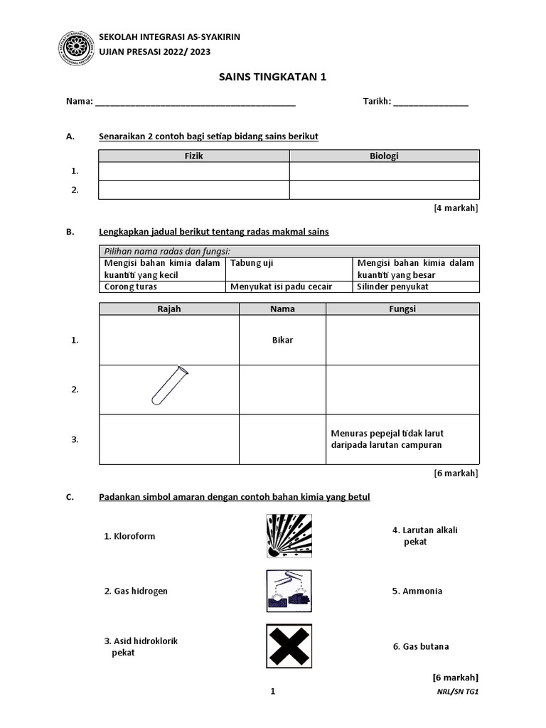 Latihan 1 - SAINS TINGKATAN 1 | PDF