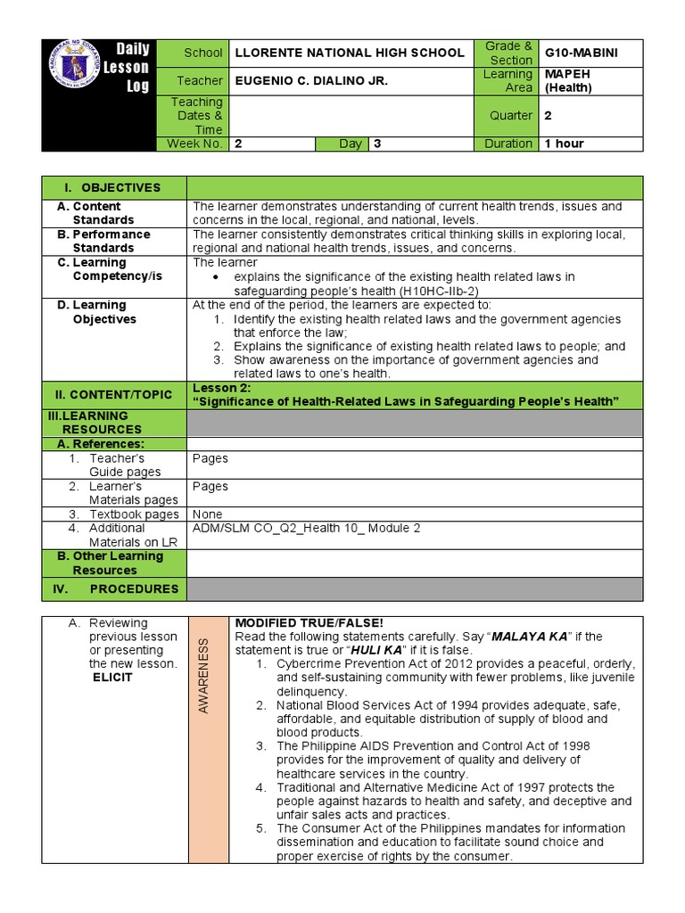 Q2-COT-LP - HEALTH10 (Significance of Health Related Laws) | PDF | Learning