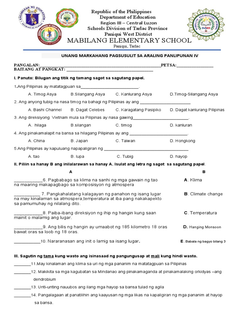 Grade 4 First Periodical Test in Araling Panlipunan | PDF Grade 4 First Periodical Test in Araling Panlipunan | PDF