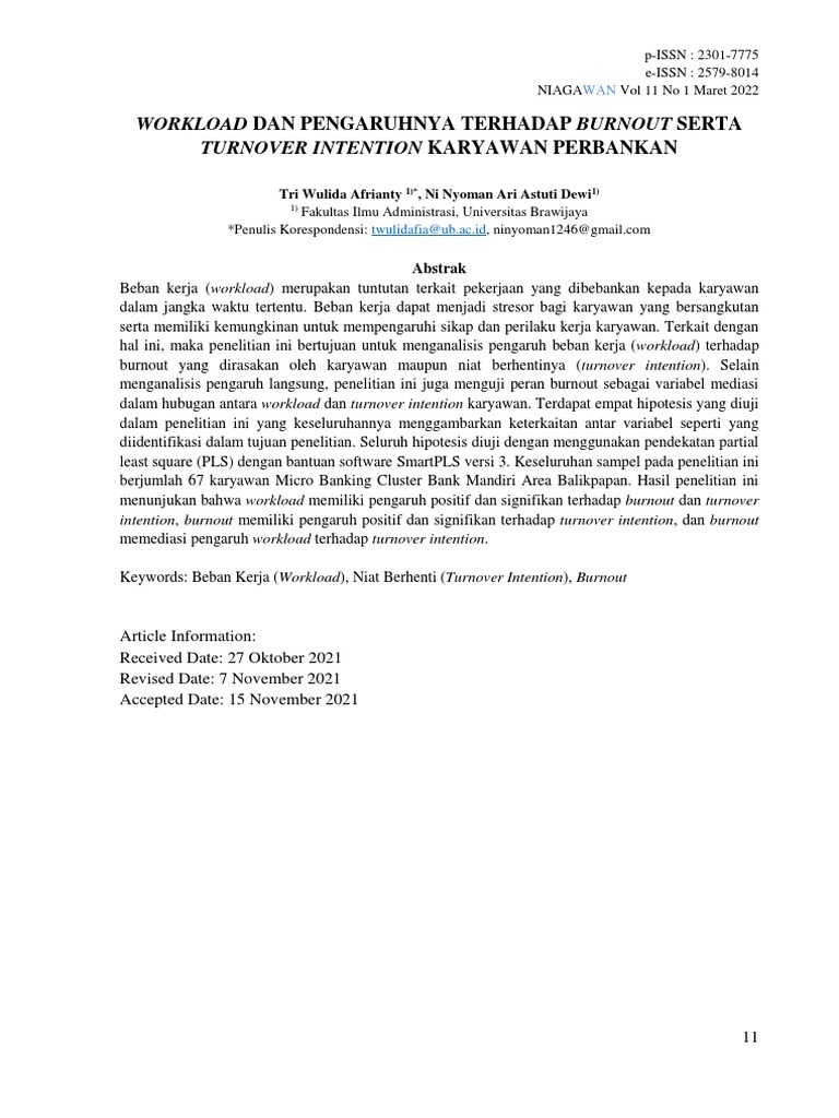 Workload Dan Pengaruhnya Terhadap Burnout Serta Turnover Intention Karyawan Perbankan | PDF