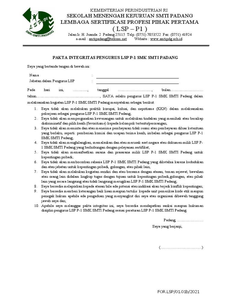FOR - LSP-01-01B-2018 Pakta Integritas Pengurus | PDF