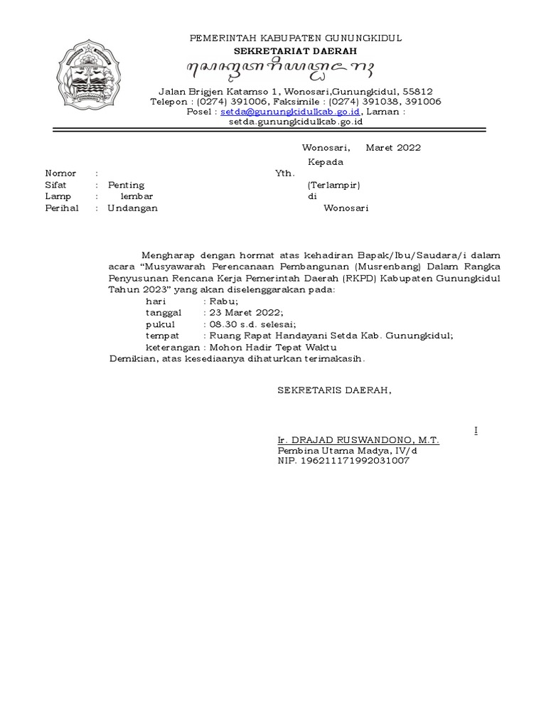 Undangan Musrenbang RKPD Gunungkidul 2023 | PDF