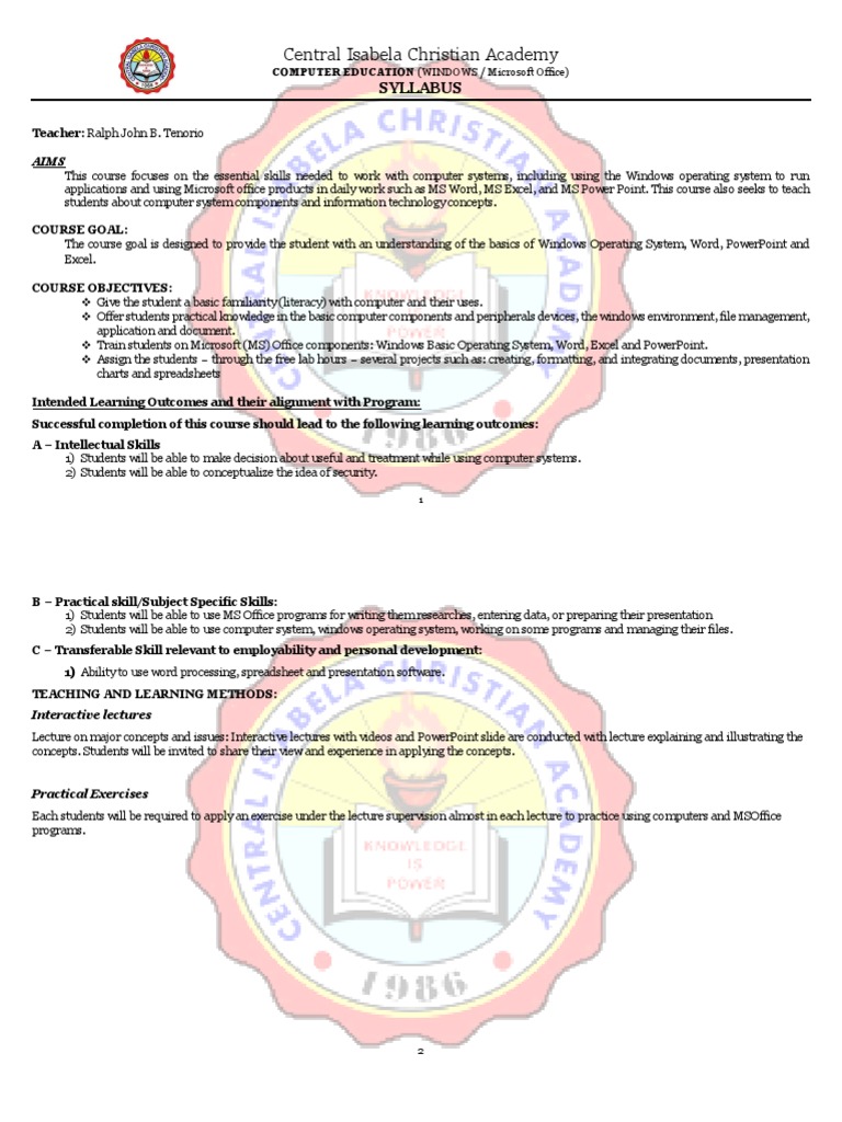 Computer Syllabus | PDF | Window (Computing) | Microsoft Excel