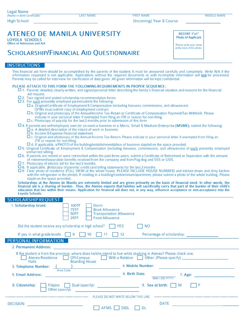 ADMU Scholarship Financial Aid Questionnaire SY2021-22 | PDF