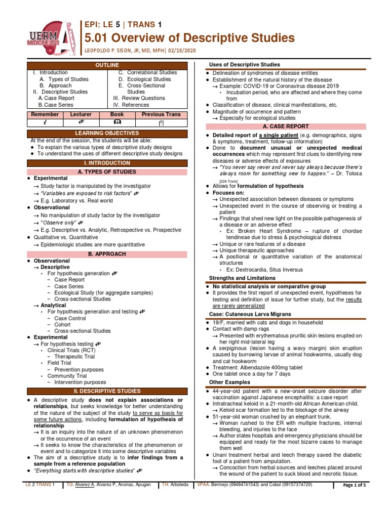 (EPI) 5.01 Overview On Descriptive Studies - Dr. Sison | PDF ...