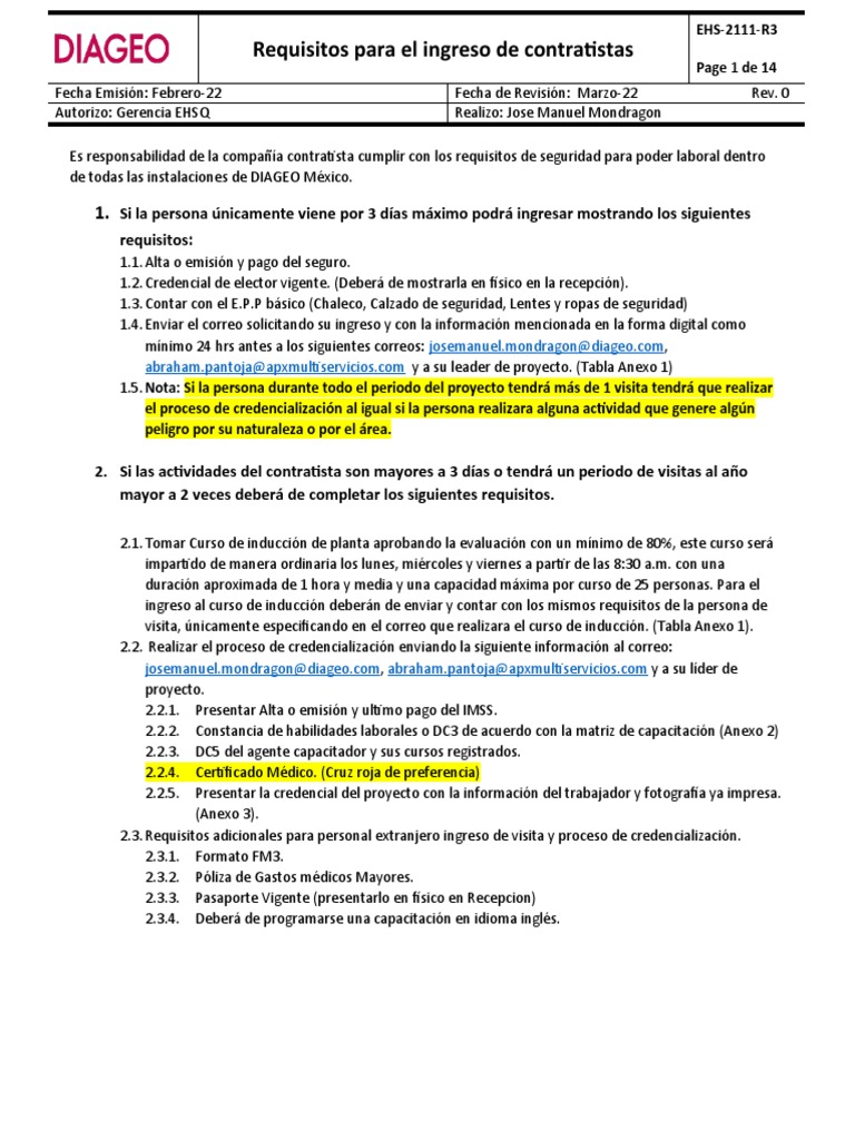 EHS-2111-R3 Requisitos Para El Ingreso de Contratistas. | PDF