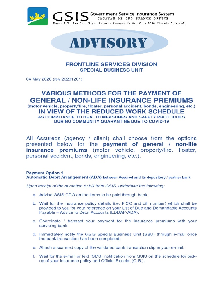GSIS Non-Life Insurance Premium Payment Options | PDF | Cheque | Insurance