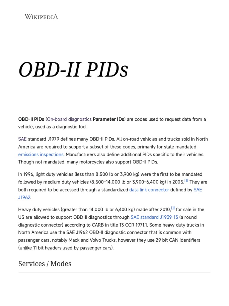 OBD-II PIDs Overview and Standards | PDF | Vehicle Technology ...